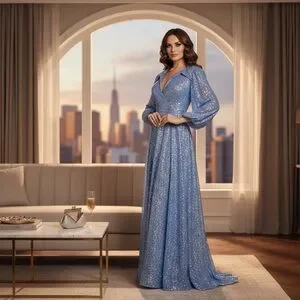 Jovani | Dresses | Jovani 2595 Blue Sequin Deep V Long Sleeve Maxi Gown ...